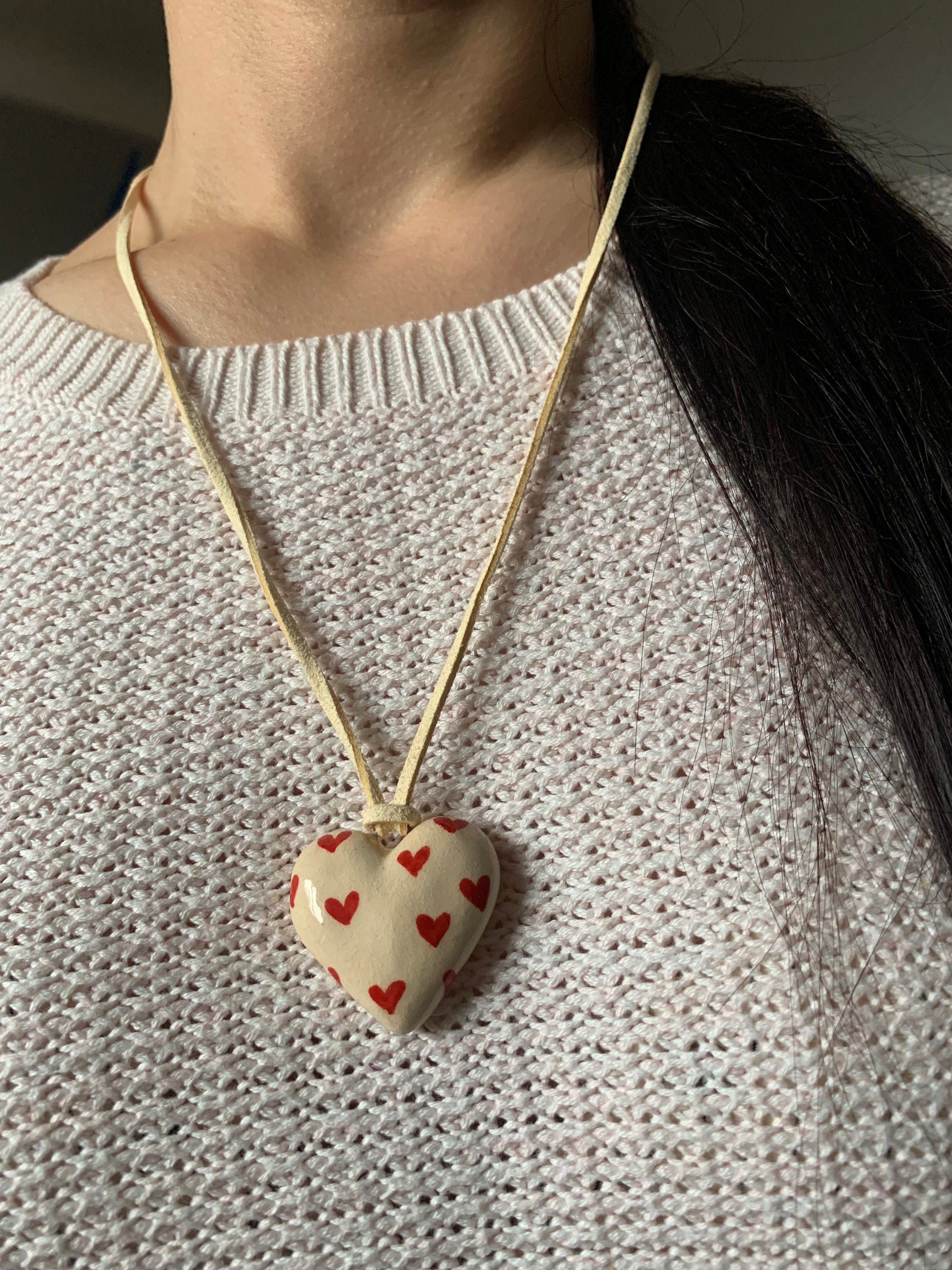 Ceramic Heart Pendant Made of White Clay. Necklace With Small Red ...