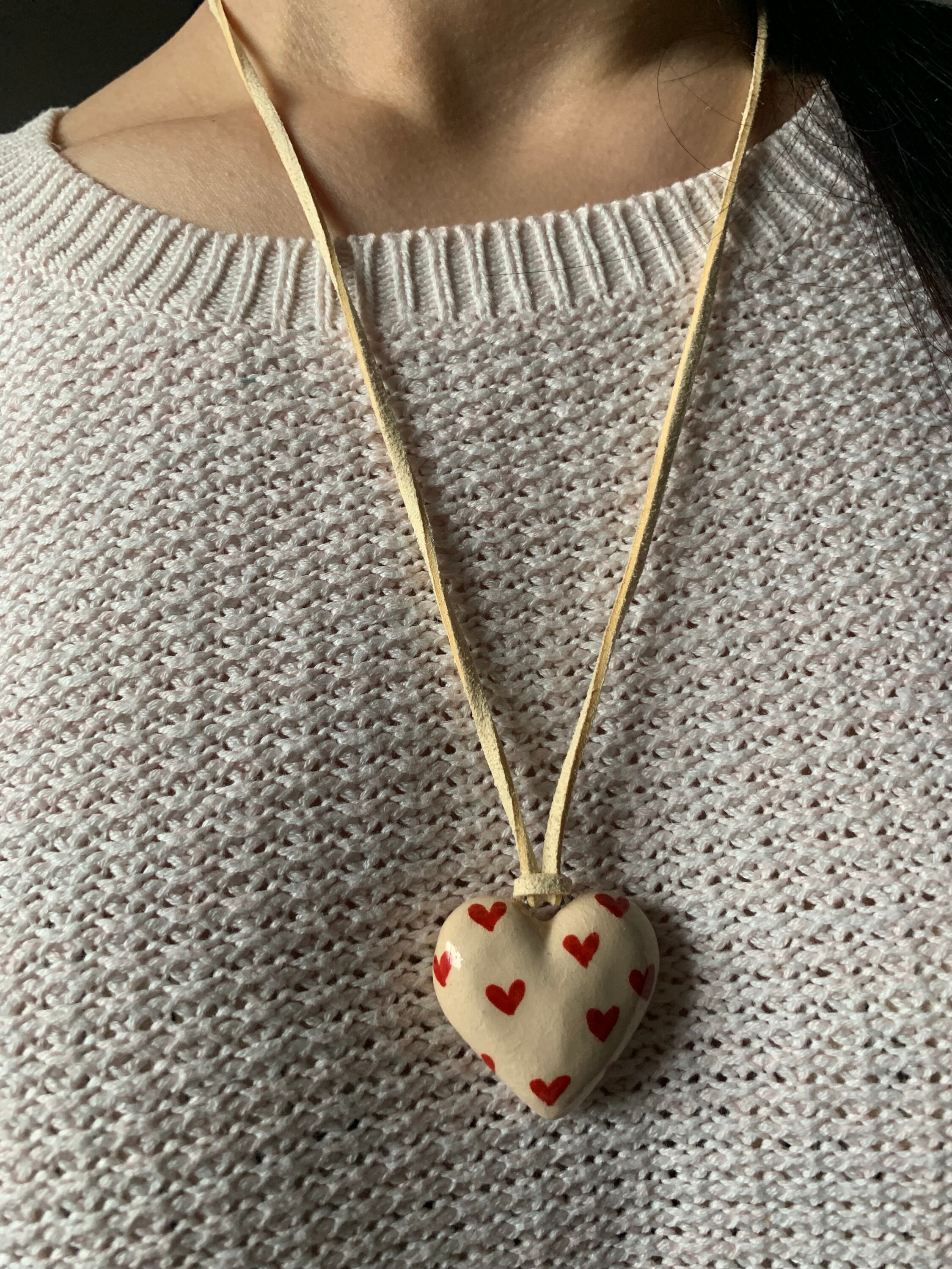 Ceramic Heart Pendant Made of White Clay. Necklace With Small Red ...