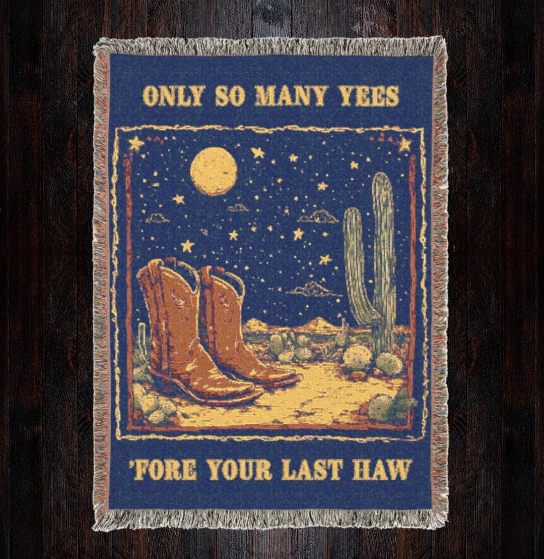 Woven Cowboy Boot Blanket With Night Desert Scene - Cactus & Stars ...