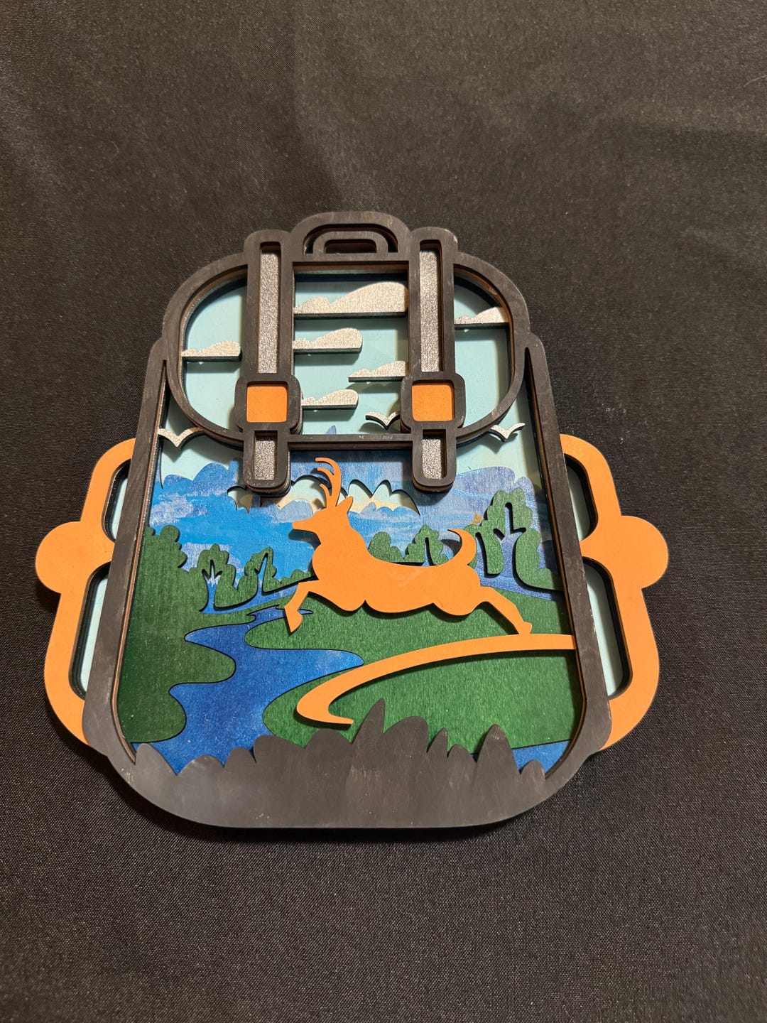 Layered Wooden Hiking Wall Art • Backpack Scene With River, Trees ...