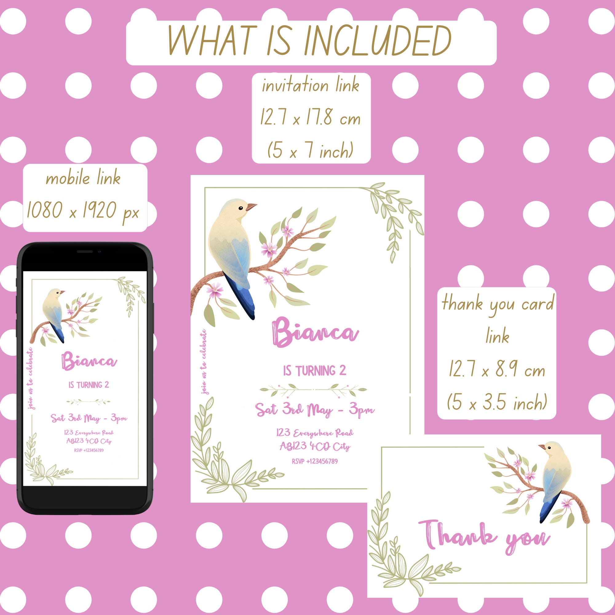 EDITABLE Bird Cute Elegant Party Invitation, Mobile Invitation, Thank ...