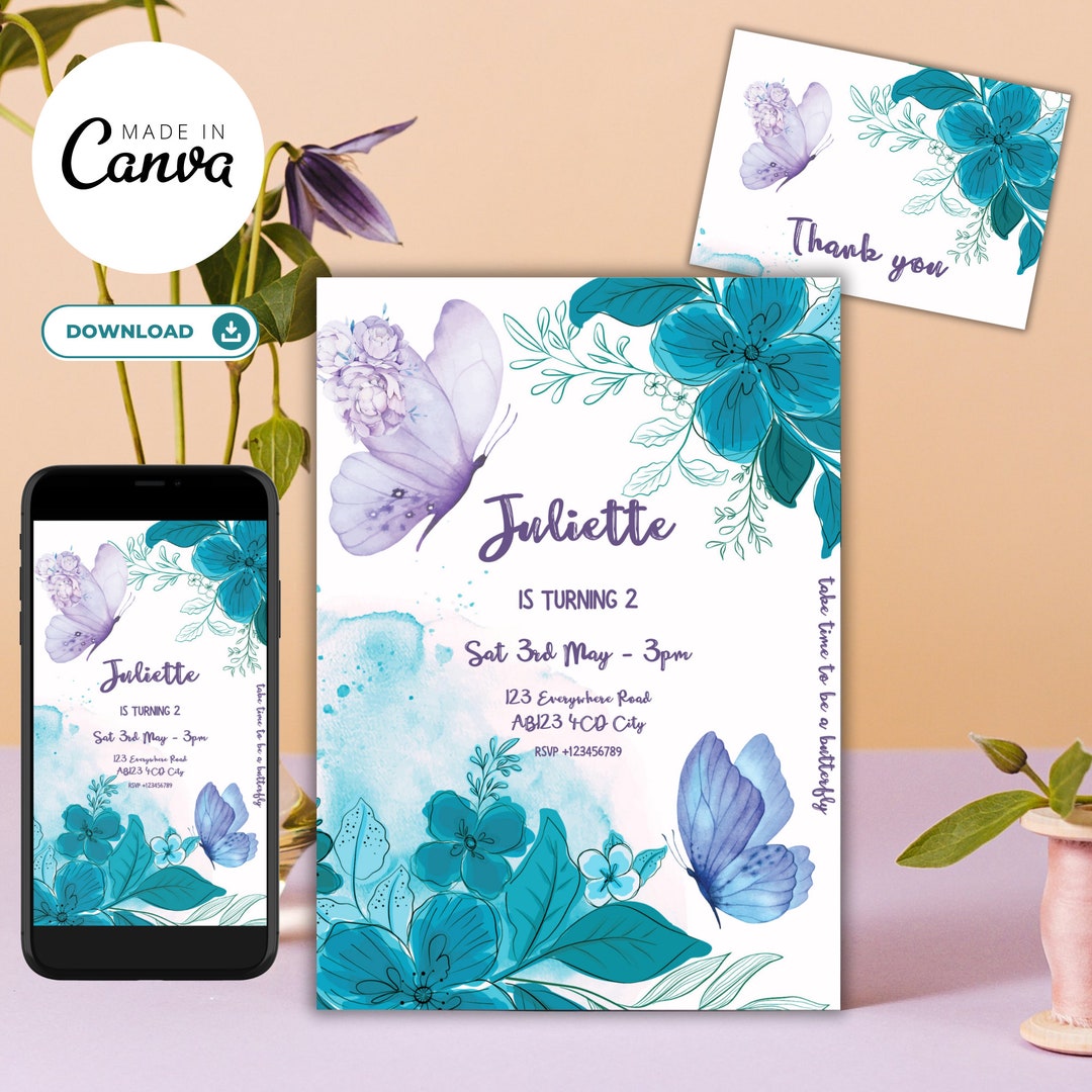 Printable and Editable Butterfly Girl Party Invitation With Mobile ...