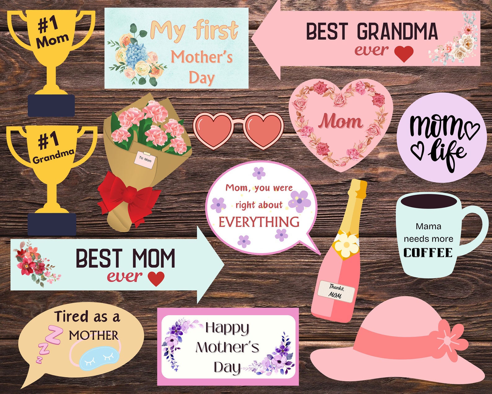Mother's Day Photo Booth Props INSTANT DOWNLOAD Printable Props Set of ...