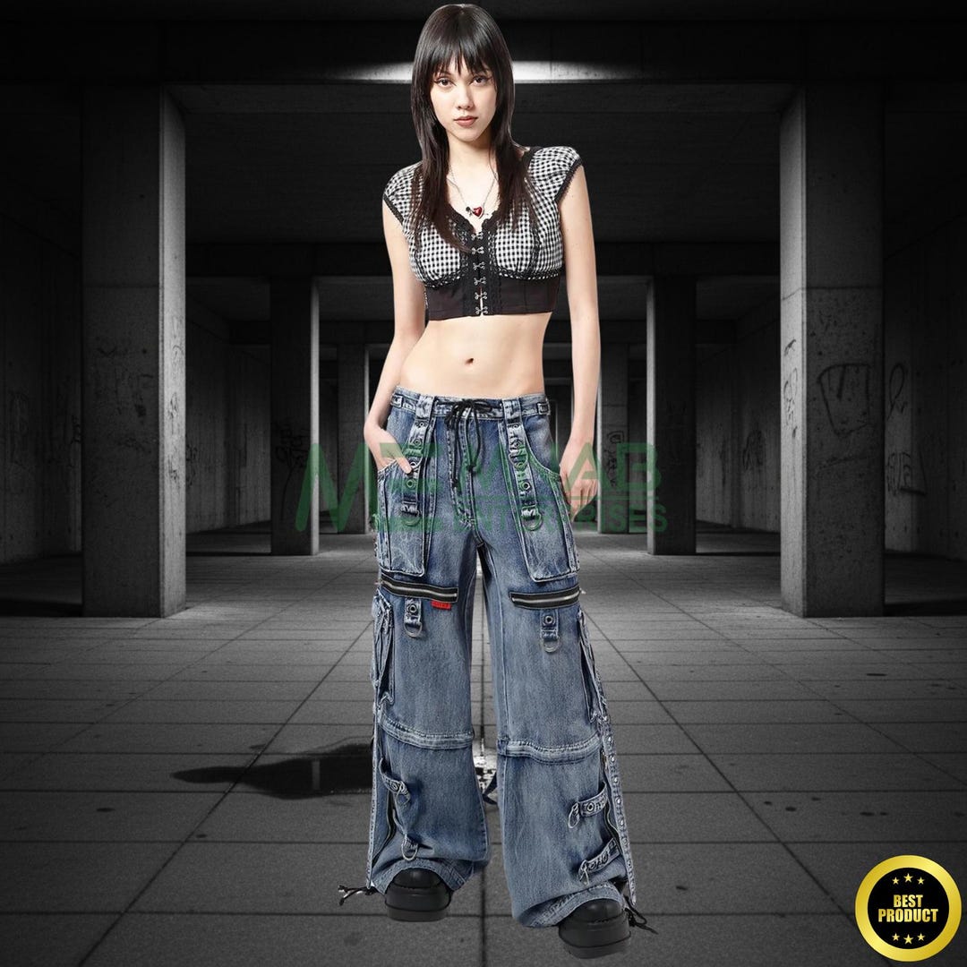 Indigo Acid Wash Cargo Pants - Unisex Y2K Style Wide Leg Denim Gothic ...