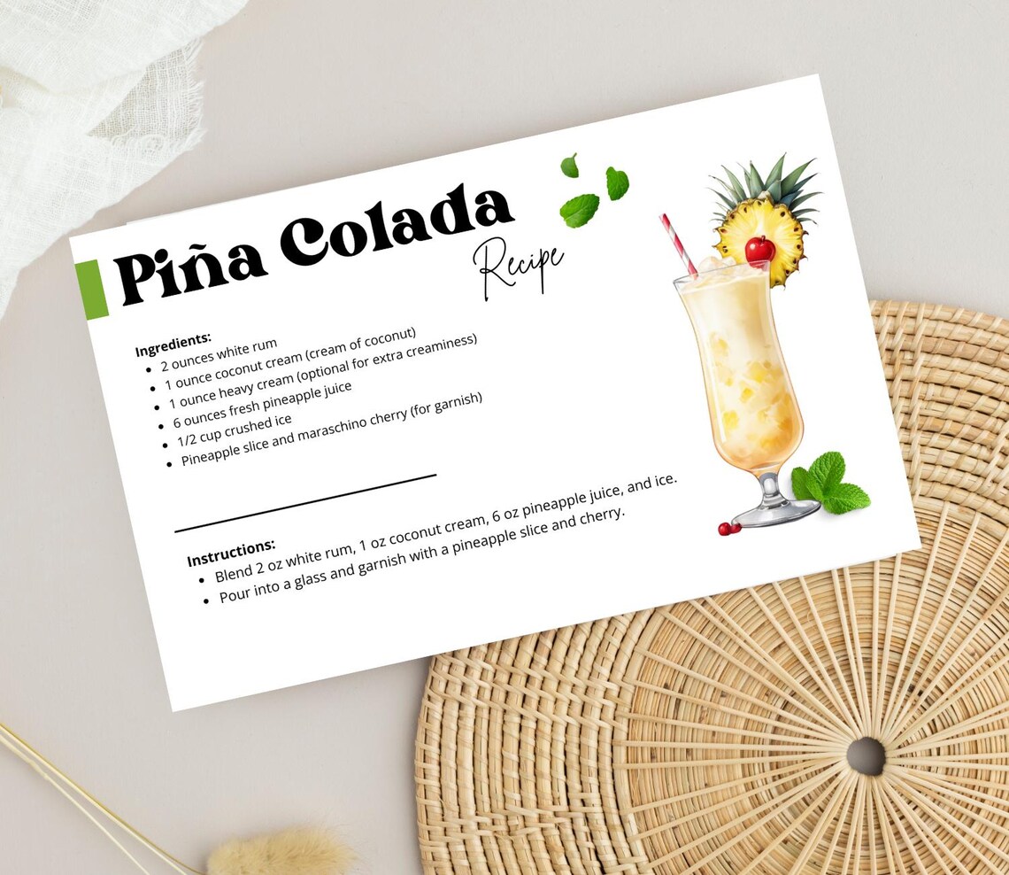 Piña Colada Recipe Card: Printable Cocktail Art (digital Download) - Etsy