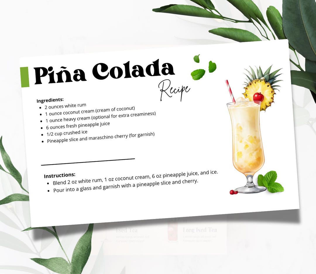 Piña Colada Recipe Card: Printable Cocktail Art (digital Download) - Etsy
