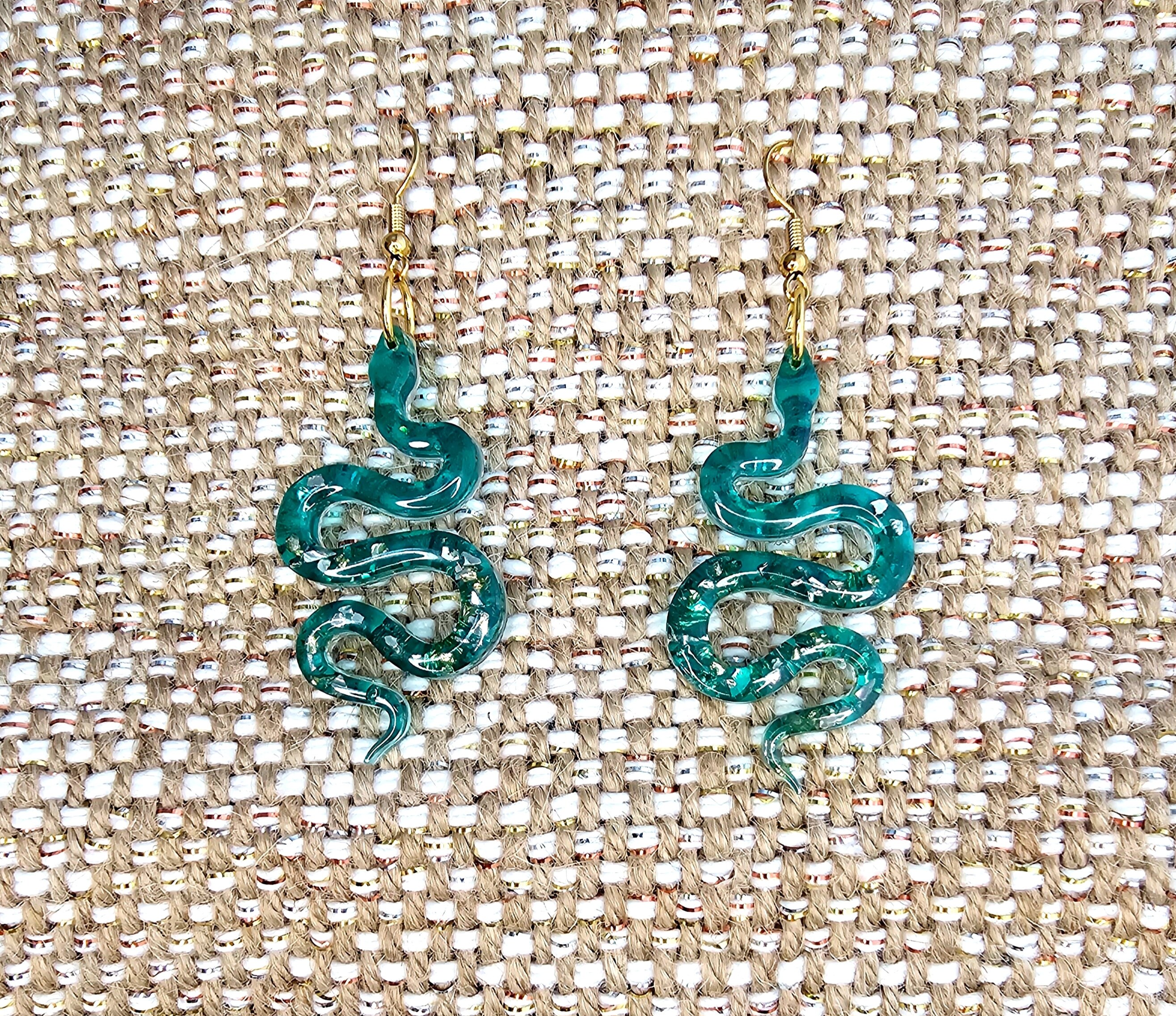 Serpent Envy Green Resin Epoxy Snake Dangle Earrings With Metallic ...