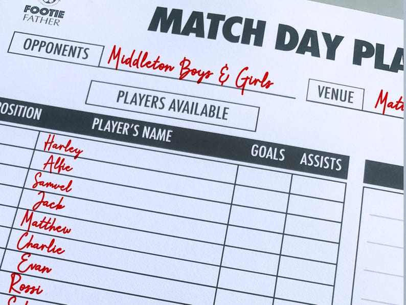 Football Coach Match Day Planner: A4 Notepad Team Sheet - Etsy UK