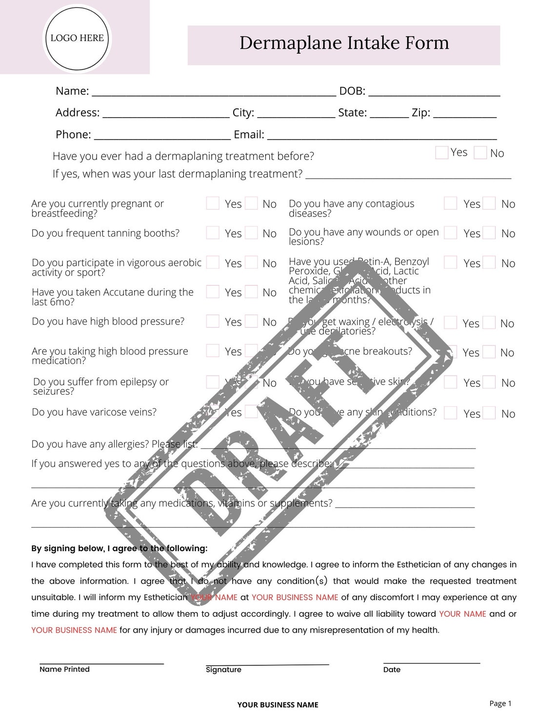Dermaplane Facial Intake, Consent, Analysis and Waiver Forms - Etsy