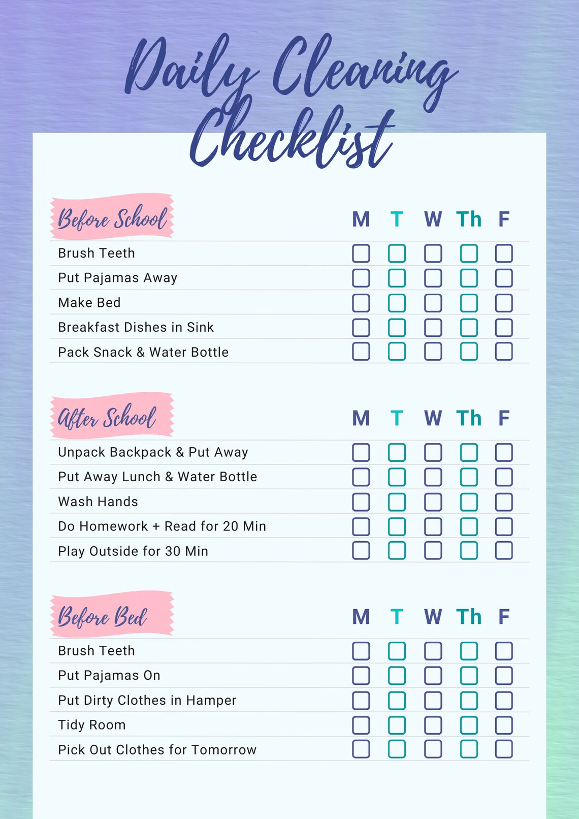 Daily Check List PDF, SVG, Download , Printable Templates Kids, Teens ...