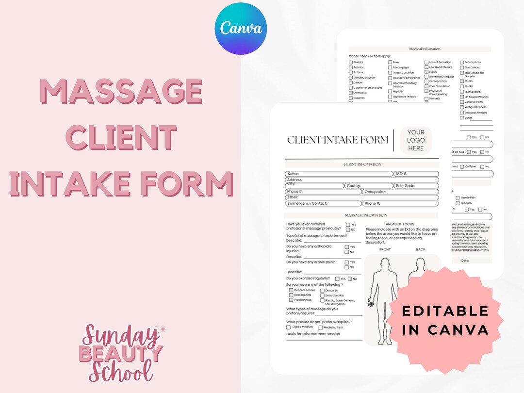 Massage Client Intake Form Intake Form Massage Intake Form Client Form ...