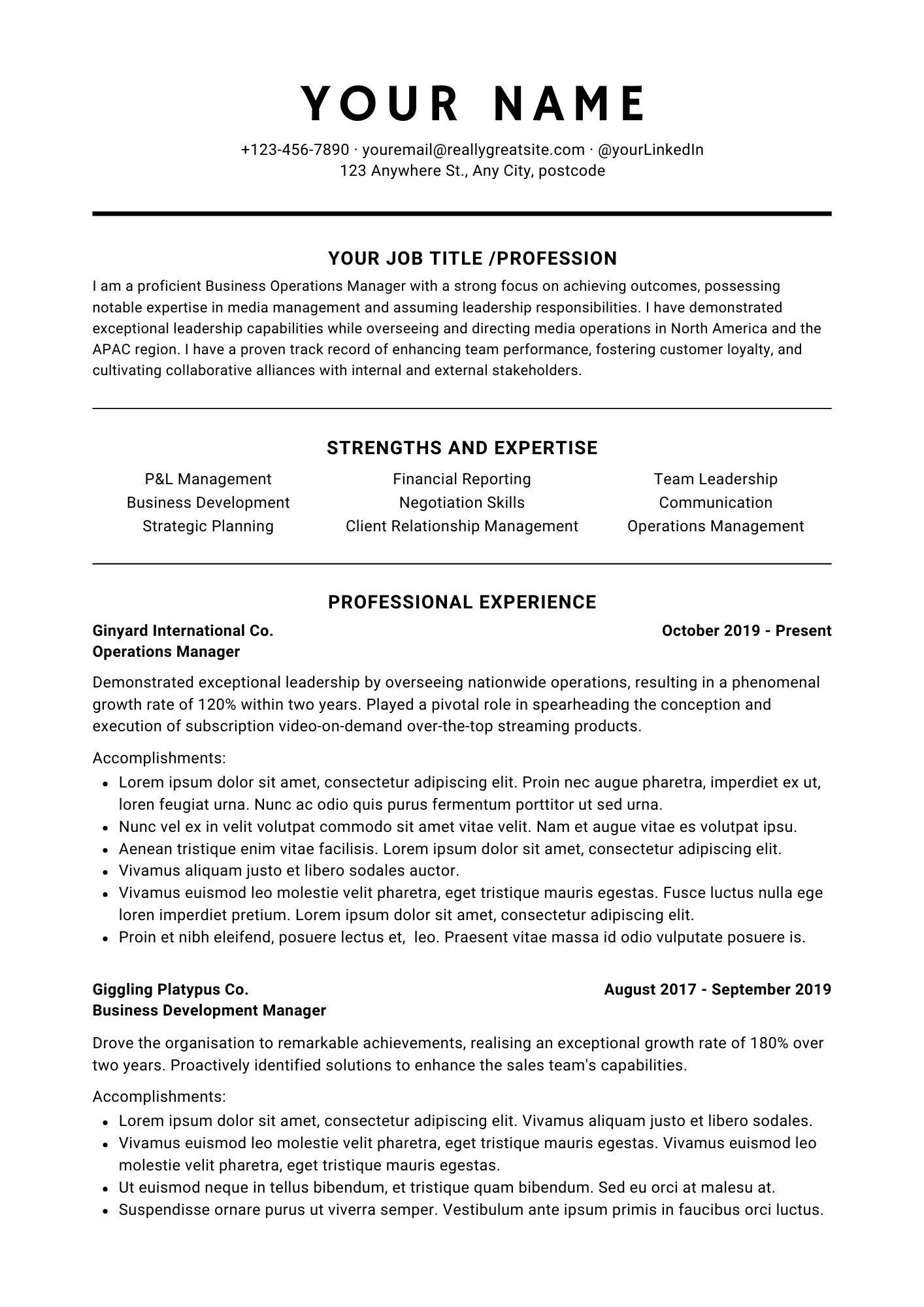Black and White Corporate Resume - Etsy