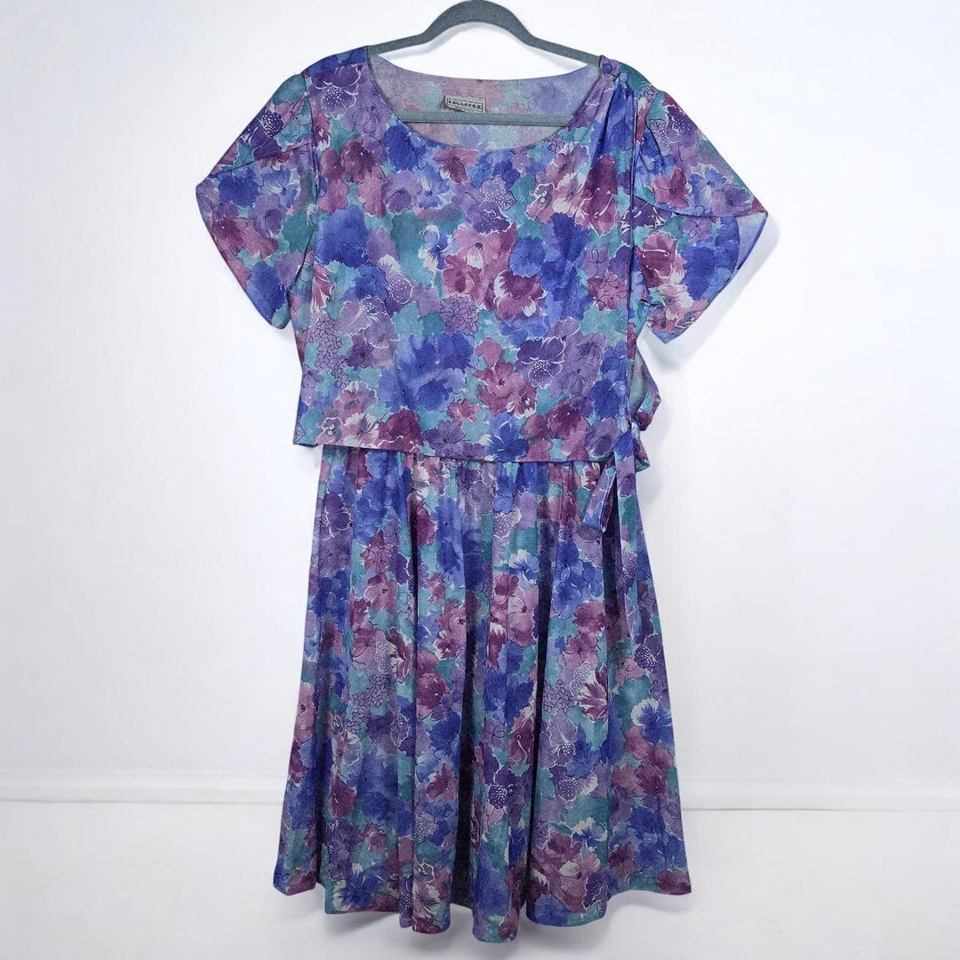 Lisa Cole Floral Print Midi Dress Blue Purple Tie Waist Vintage Made in ...