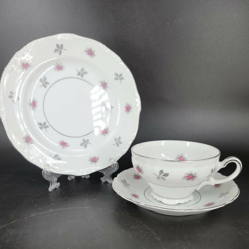 Vintage Tea Set Rosette Japan 3 Pc Fine Bone China White Silver Trim ...