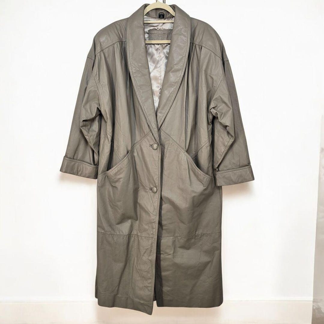VTG Jacqueline Ferrar Leather Trench Coat Women Large Taupe Collar 2 ...