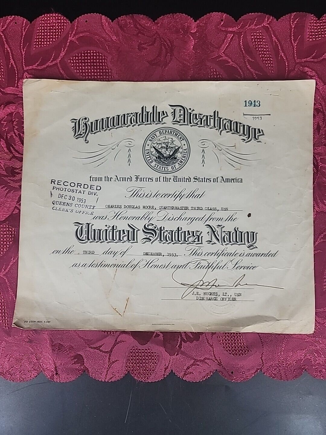 1953 US Navy Honorable Discharge Papers Charles Douglas Moore ...