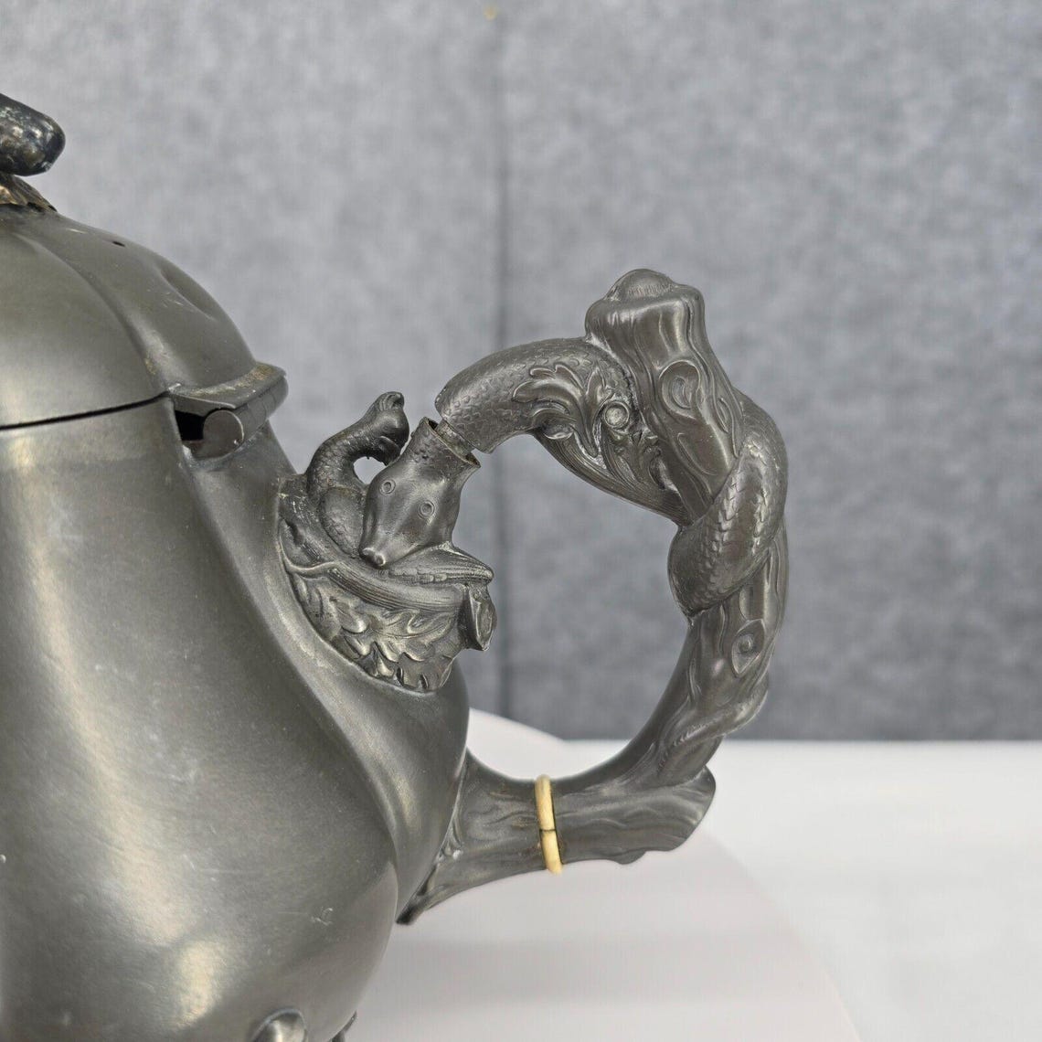 Shaw & Fischer Sheffield Pewter Tea Pot Hinged Lid Snake Holding Fish ...