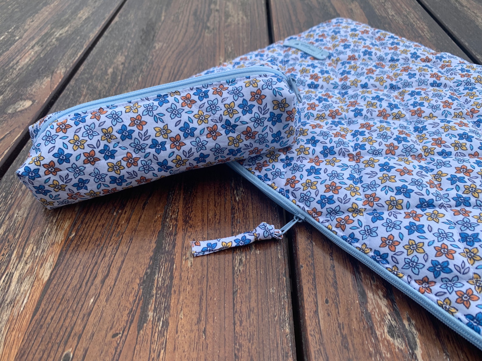 Handmade Quilted Cotton Laptop Sleeve With Blue Floral Design & Blue ...