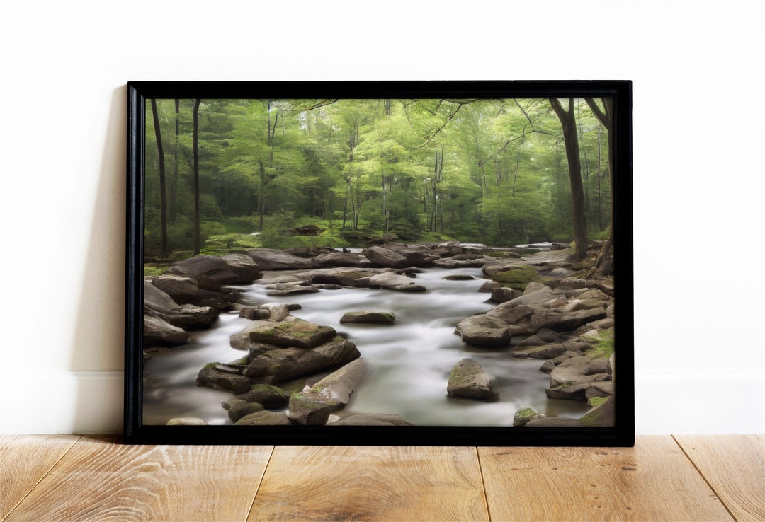 Forest Stream Art Print Serene Landscape With Misty River Rocks ...