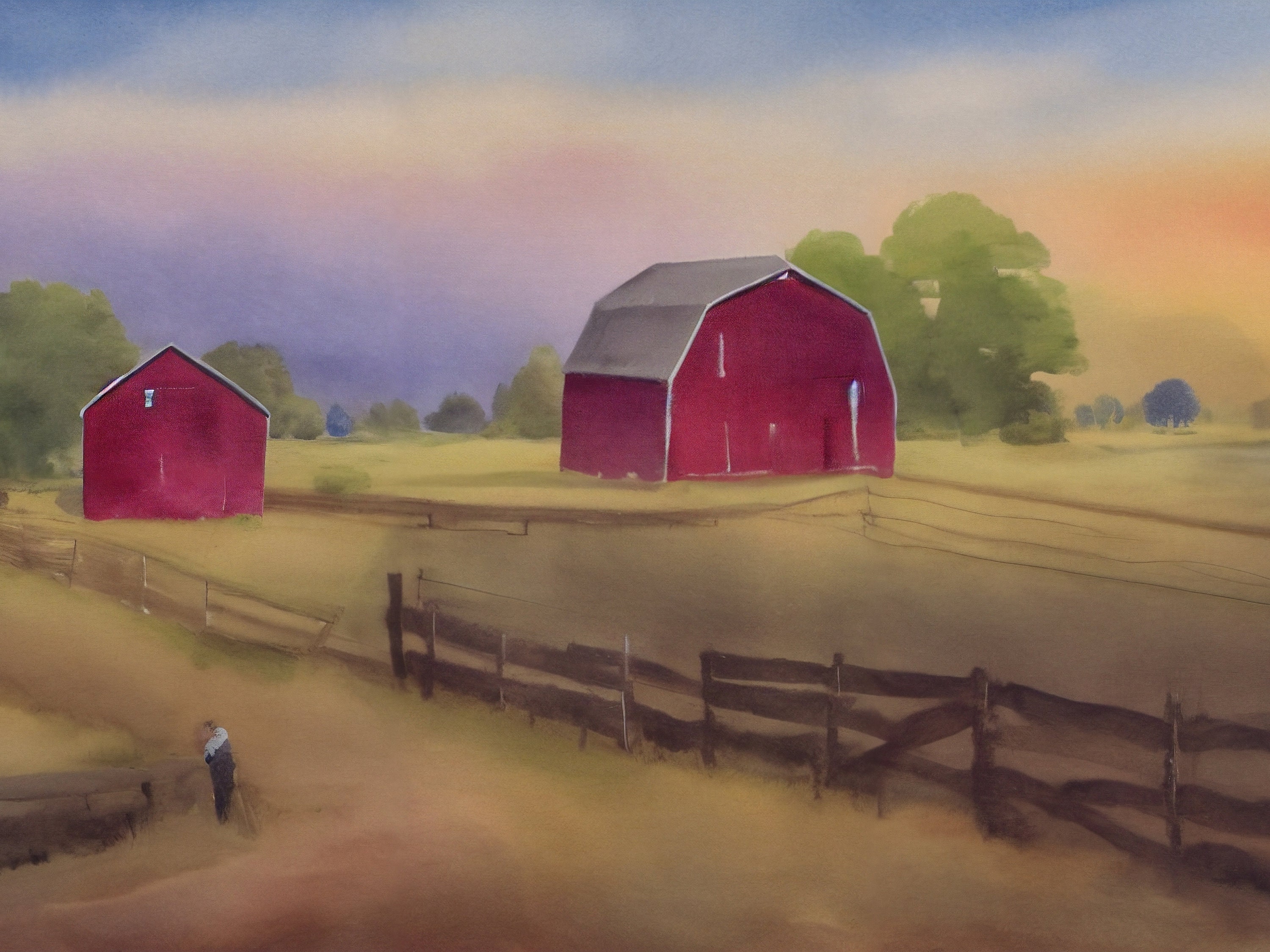 Rustic Farmhouse Red Barn Art Print, Country Landscape With Twilight ...
