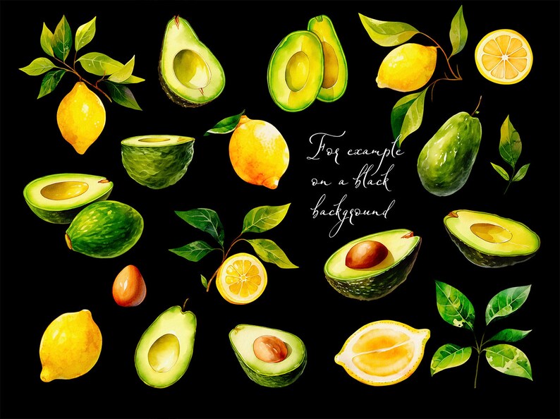 Watercolor Avocado and Lemons Clipart Set, Hand Painted Clip Art, PNG ...