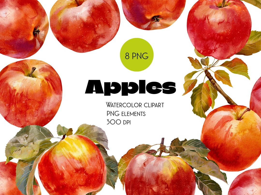 Watercolor Apples, Apples Clipart Bundle, PNG Files, Apples Clipart Set ...