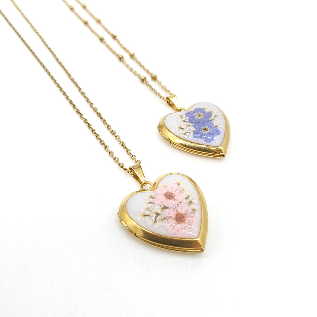 Pressed Flower Heart Photo Locket Necklace | Personalized Locket ...