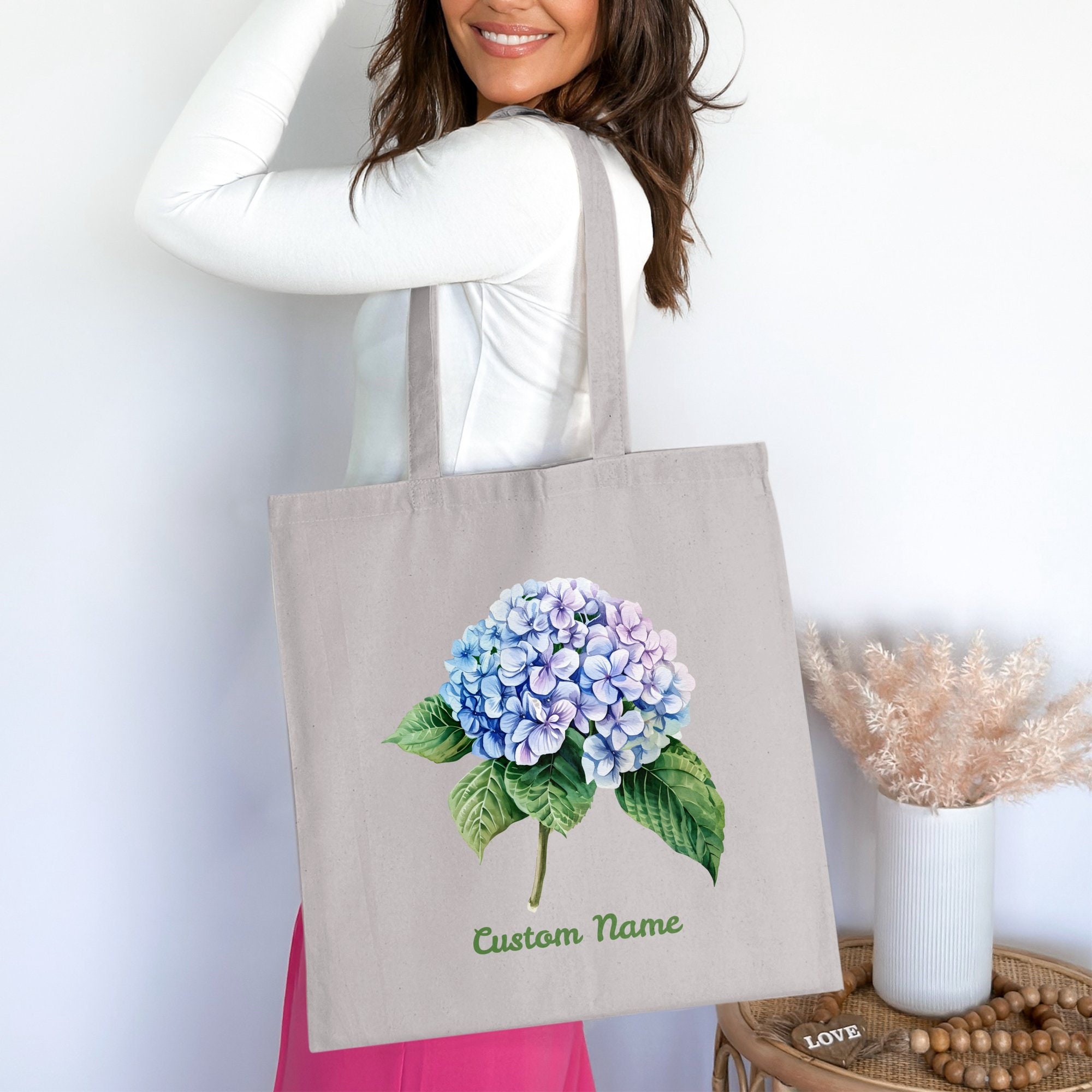 Hydrangea Art Floral Tote Bag, Custom Name Hydrangea Print Shopping Bag ...