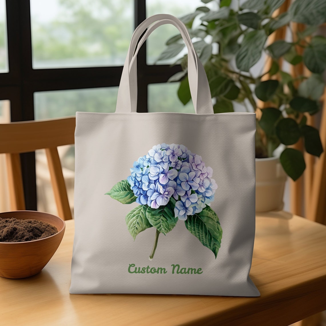 Hydrangea Art Floral Tote Bag, Custom Name Hydrangea Print Shopping Bag ...