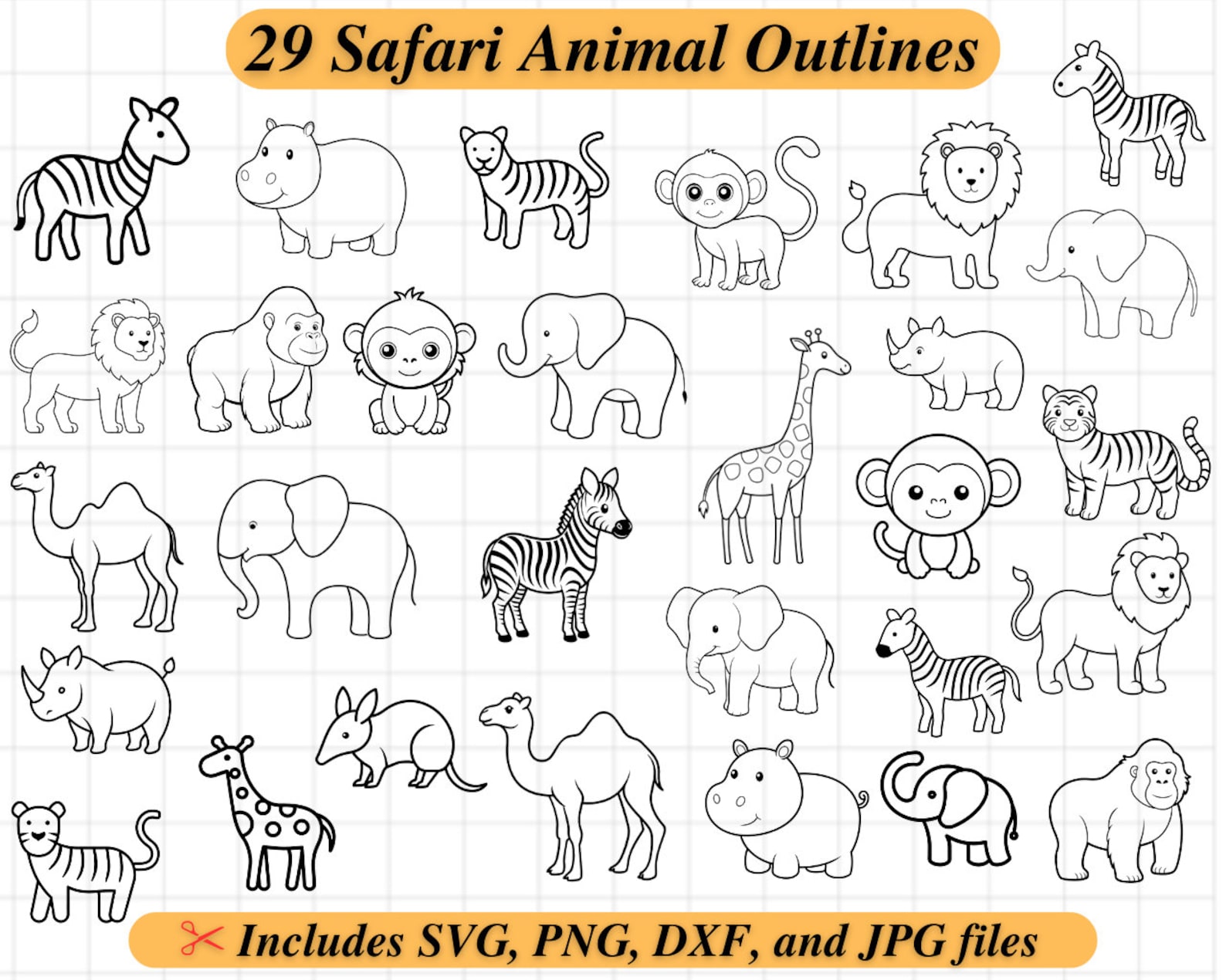 Safari Animal Outlines, Coloring SVG Clipart, Kid Party Coloring ...