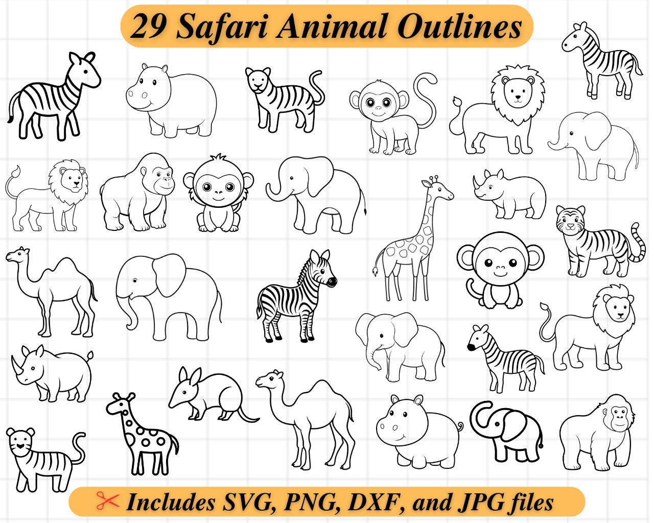 Safari Animal Outlines, Coloring SVG Clipart, Kid Party Coloring ...