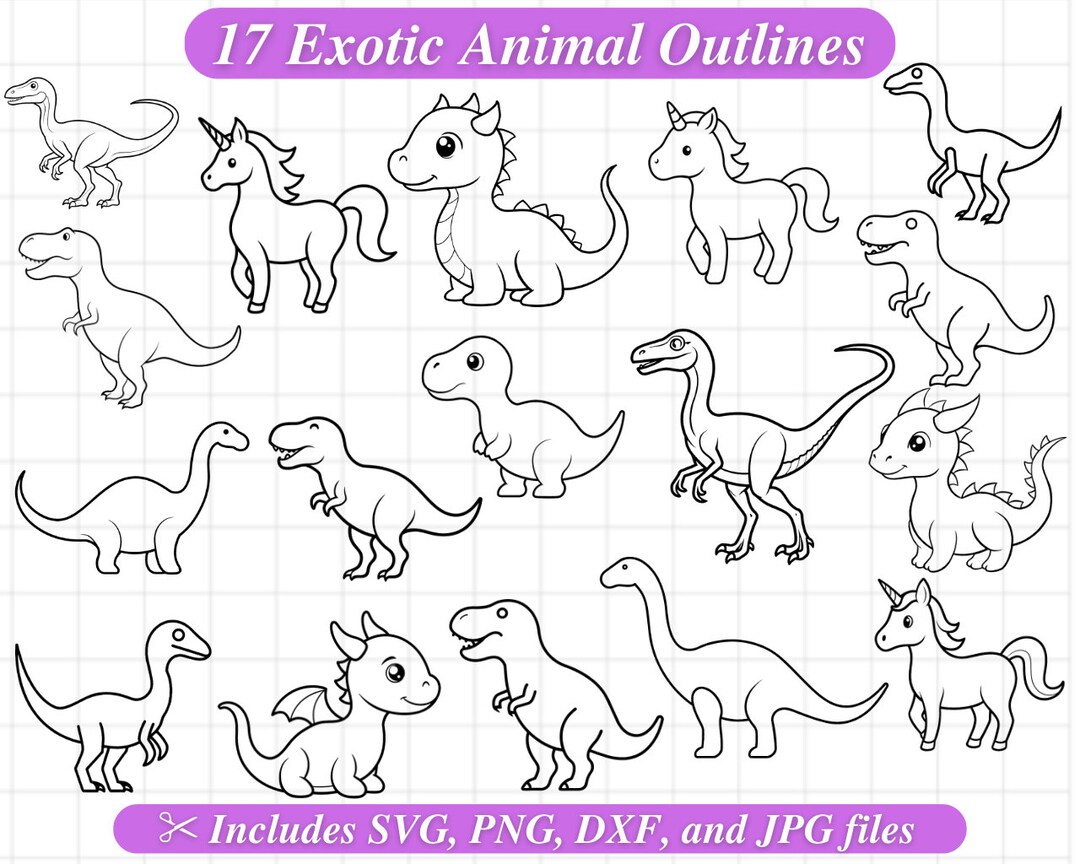 Exotic Animals Outline, Coloring SVG Clipart, Kid Party Coloring ...