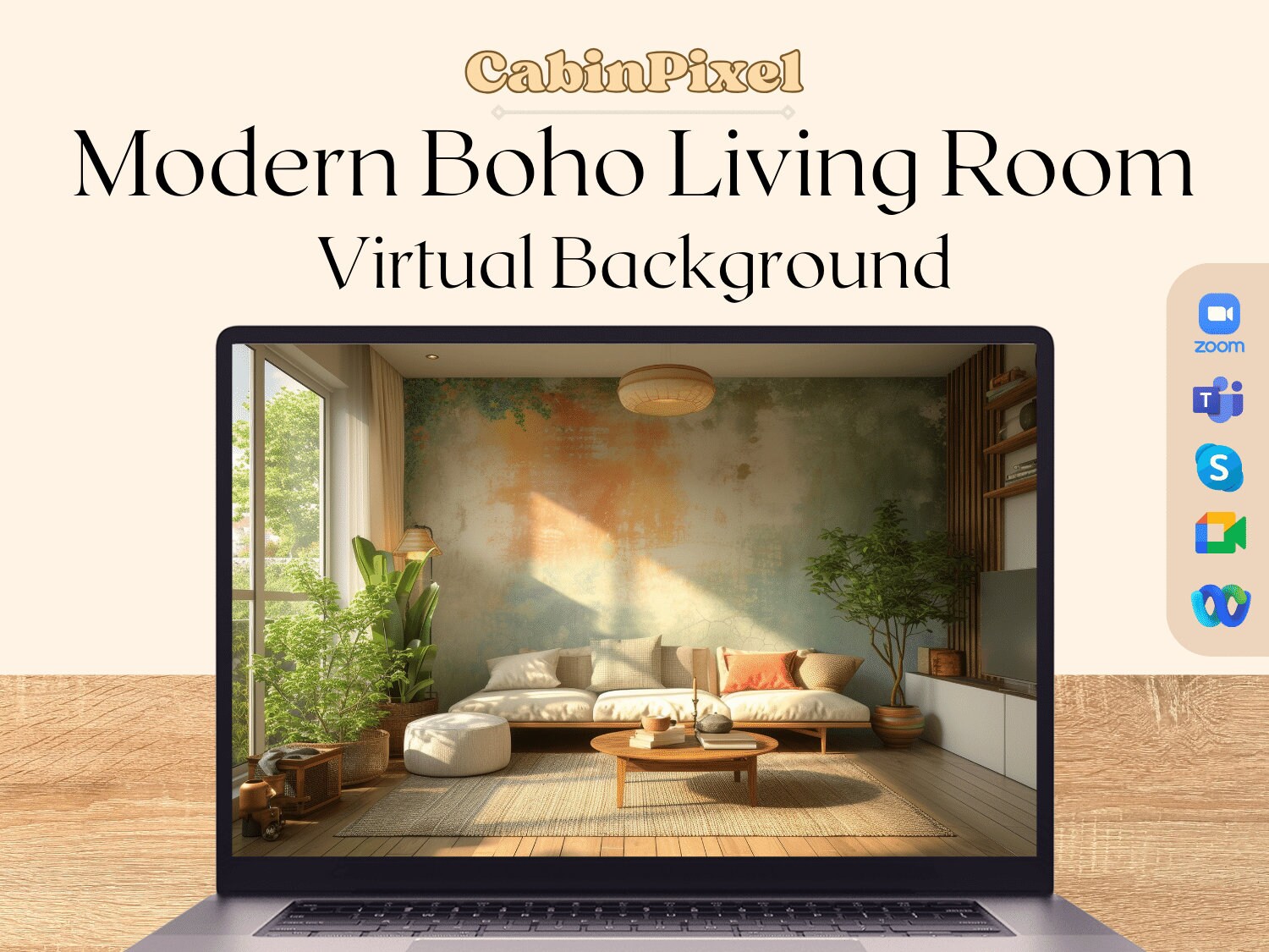 Digital Background - Modern Boho Living Room - Virtual Meeting Backdrop ...