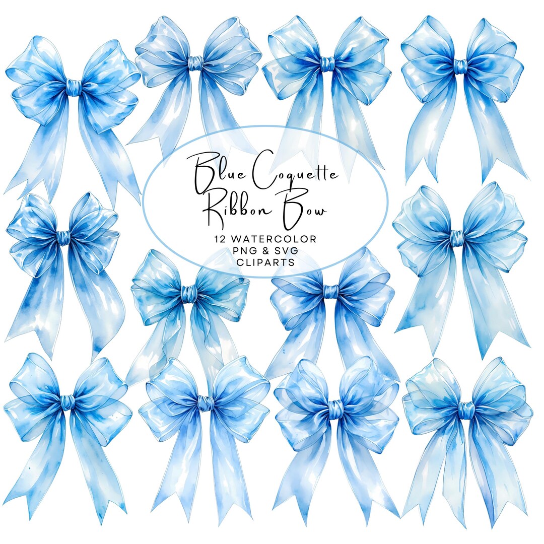 Blue Coquette Ribbon Bow Clipart, Cute Ribbon Bow Watercolor PNG SVG ...
