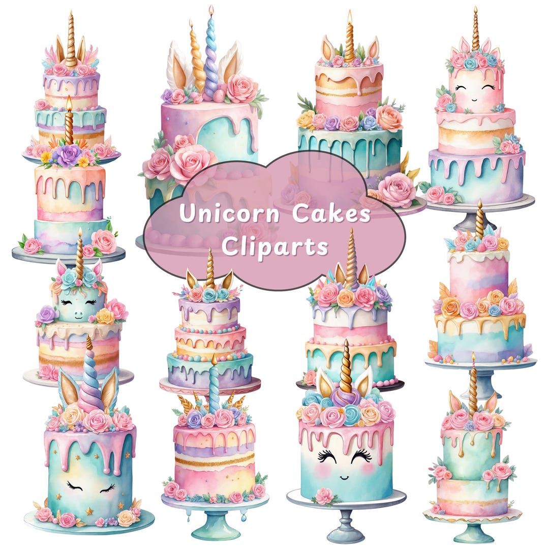 Unicorn Cake Clipart: Pastel Dessert Illustrations (SVG & PNG Digital ...