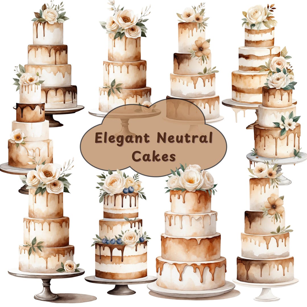 Elegant Cake Clipart: Neutral Watercolor Designs (SVG & PNG Digital ...