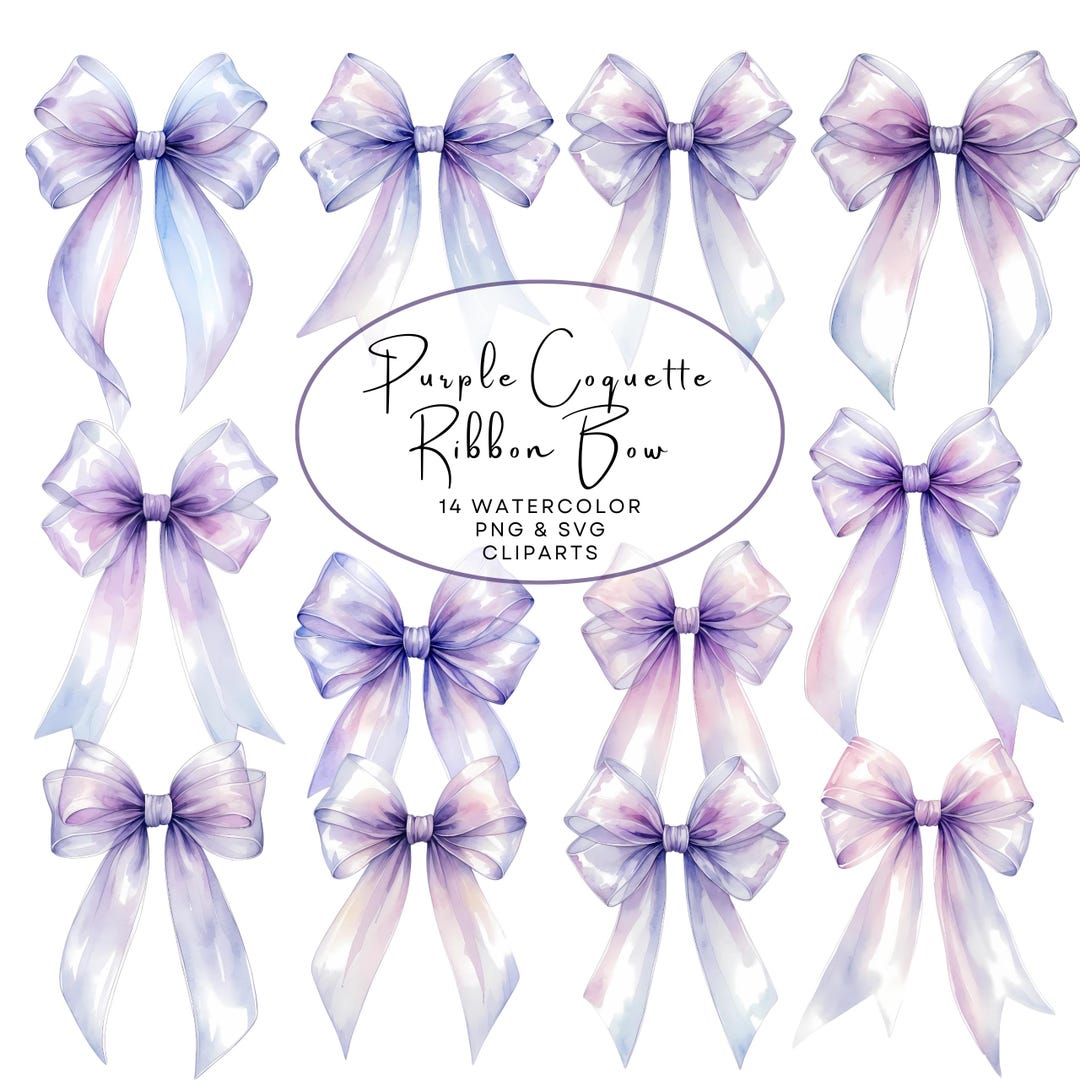 Purple Coquette Ribbon Bow Clipart, Cute Ribbon Bow Watercolor PNG SVG ...