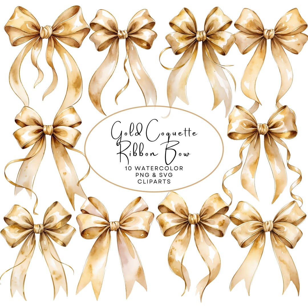 Gold Coquette Ribbon Bow Clipart, Cute Ribbon Bow in Soft Gold Colors ...
