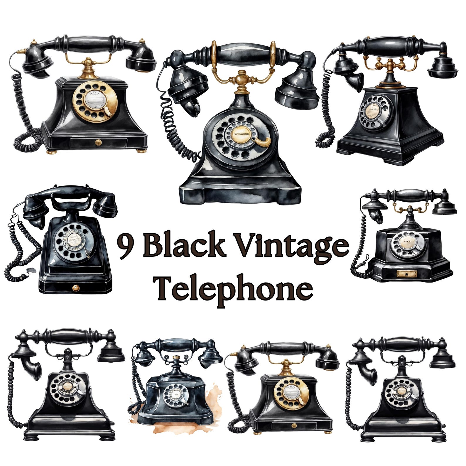 9 Black Vintage Telephone Clipart, Retro Phone PNG & SVG, Antique Phone ...