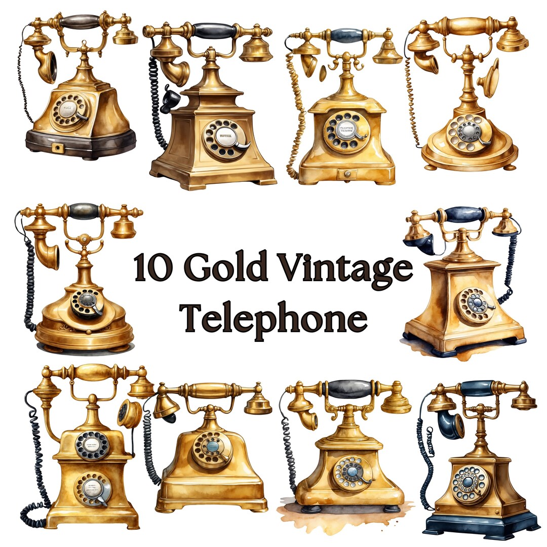 10 Gold Vintage Telephone Clipart, Retro Phone PNG, Antique Telephone ...