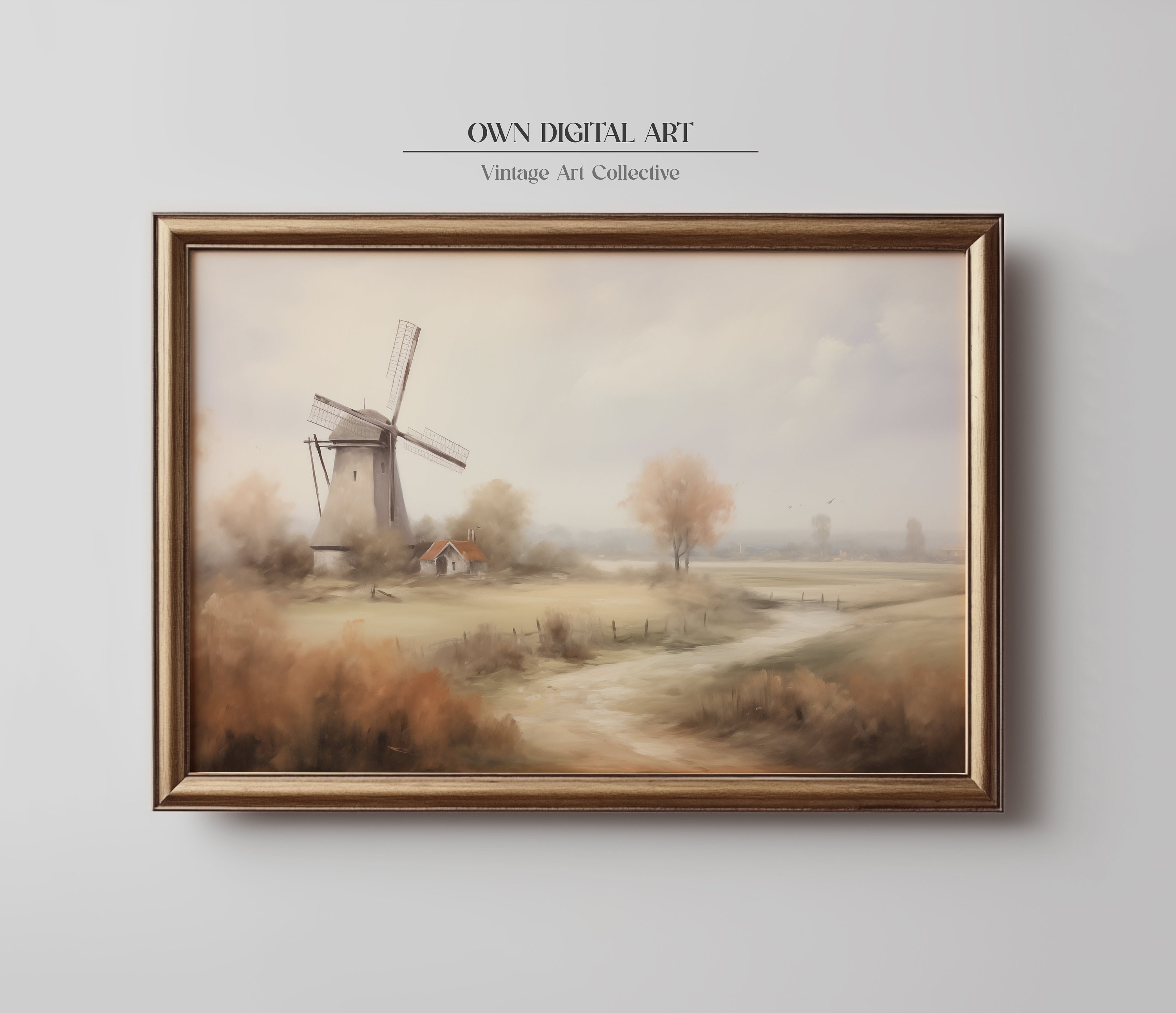 Vintage Dutch Windmill Landscape Art Print: Rustic Countryside (digital ...