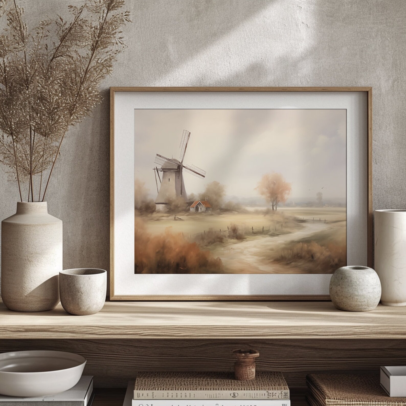 Vintage Dutch Windmill Landscape Art Print: Rustic Countryside (digital ...