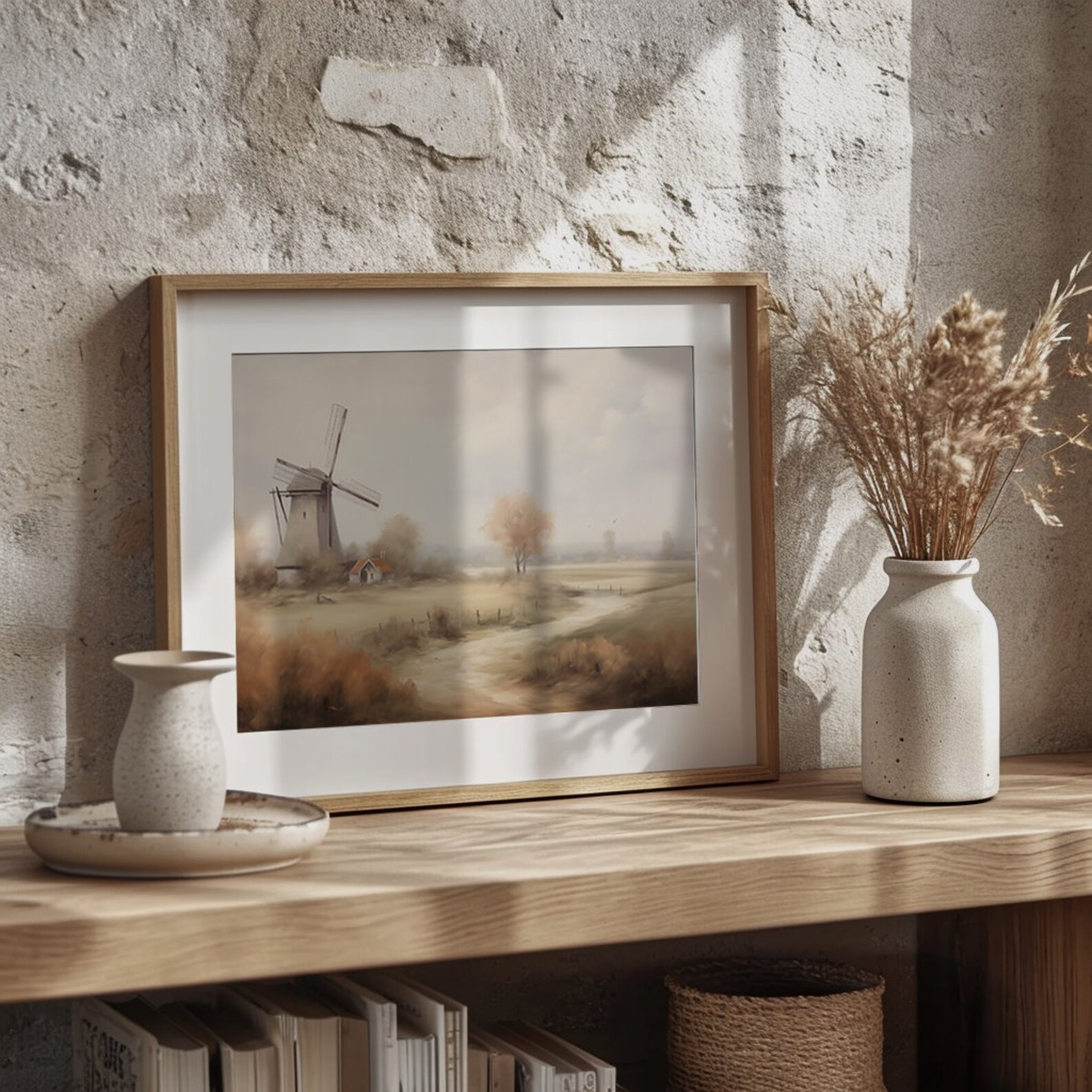 Vintage Dutch Windmill Landscape Art Print: Rustic Countryside (digital ...