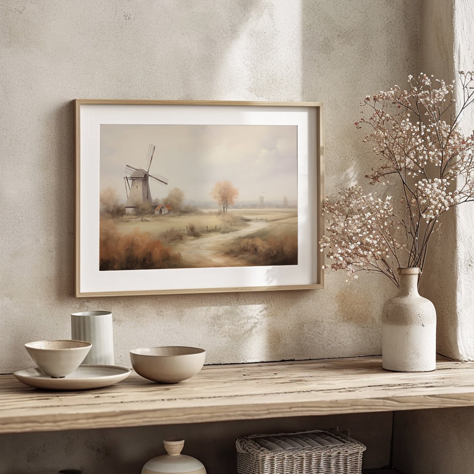 Vintage Dutch Windmill Landscape Art Print: Rustic Countryside (digital ...