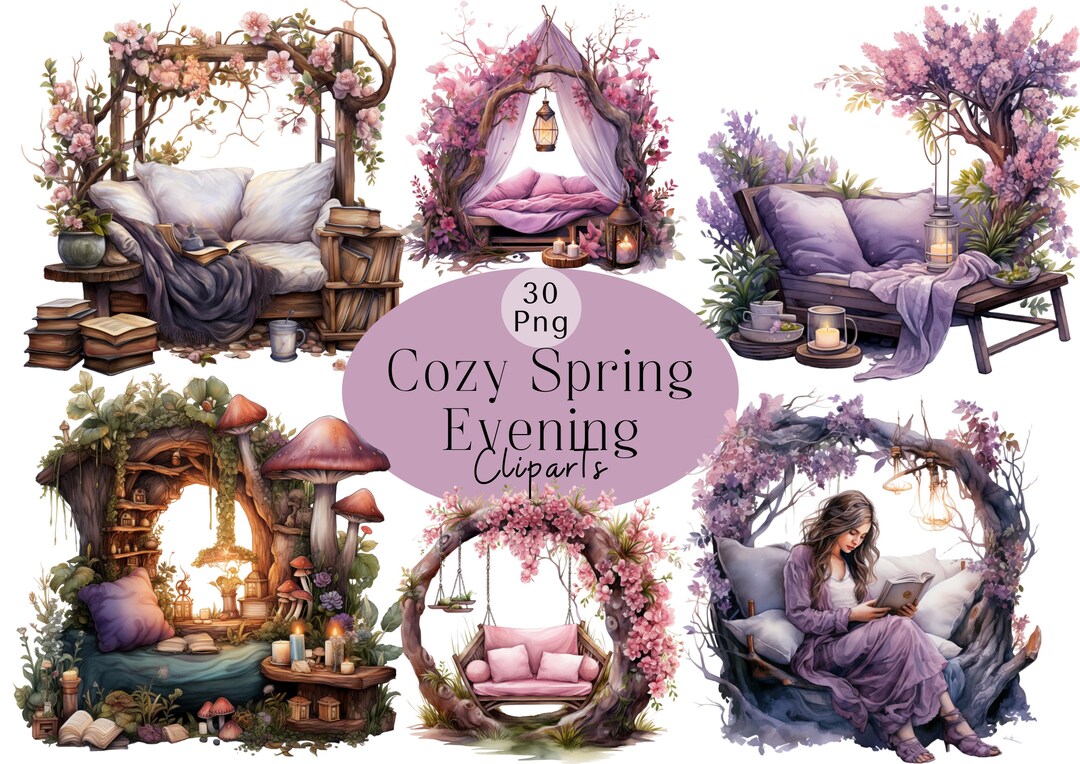 Watercolor Cozy Spring Evening Clipart Set Floral Season Cozy ...