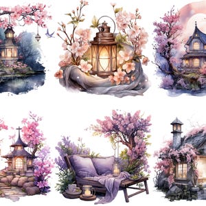 Watercolor Cozy Spring Evening Clipart Set Floral Season Cozy ...