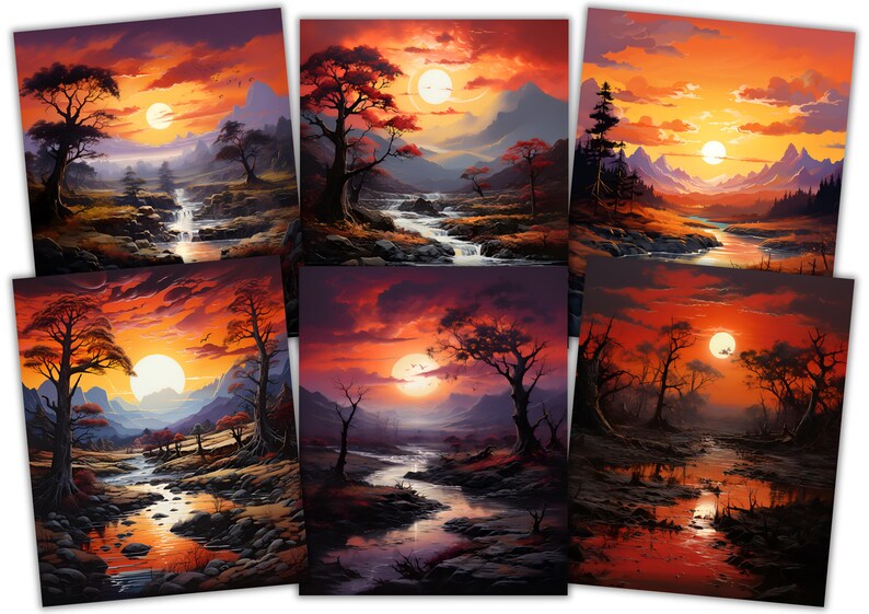 Printable Sunset Landscape Digital Paper Nature Graphics Summer ...