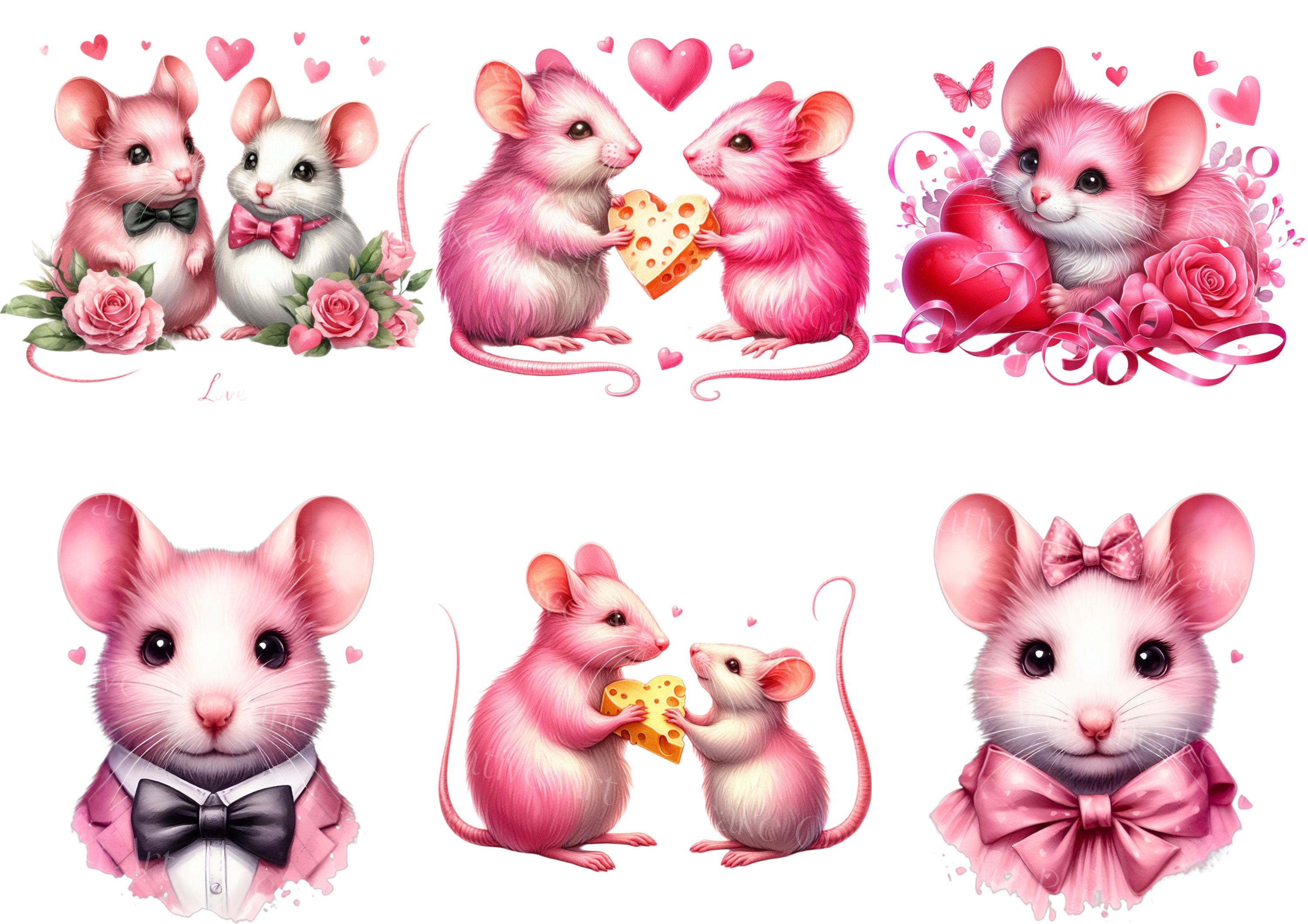 Pink Love Mouse Clipart Bundle Pink Mouse Sublimation Romantic Mice ...