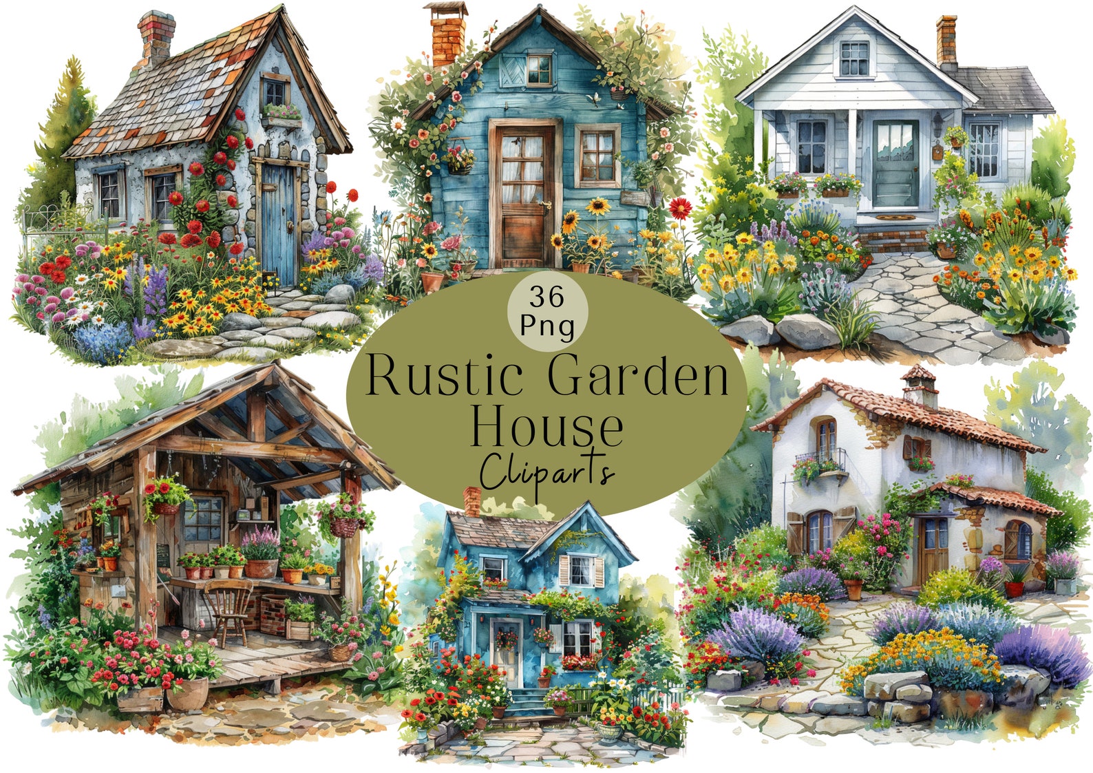 Rustic Garden House Clipart Bundle Spring Cottage Illustration ...