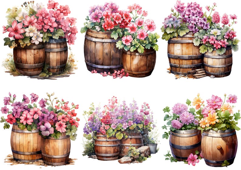 Watercolor Floral Barrel Clipart: Rustic Garden PNG Bundle (digital ...